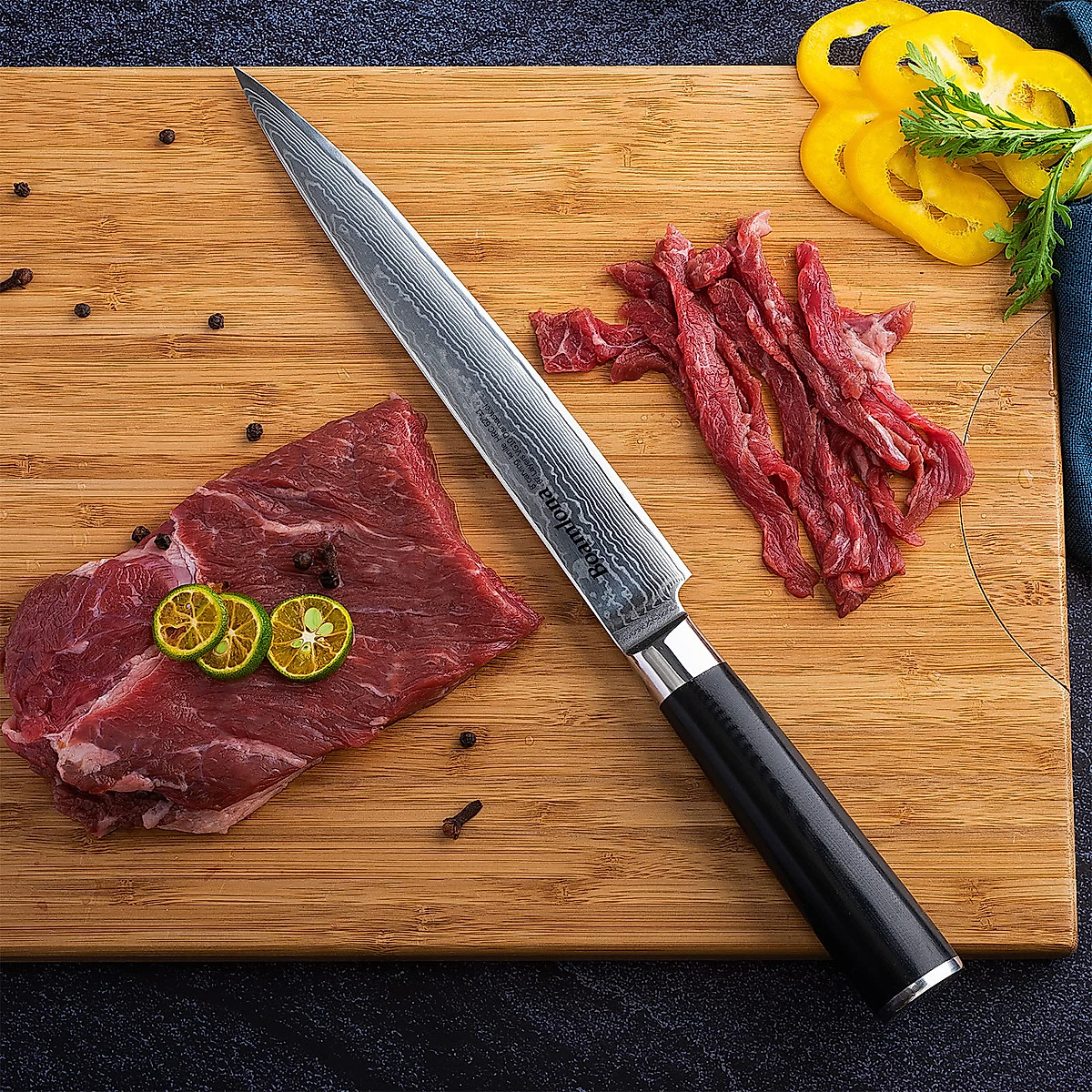 BOAMLONA Damascus Carving Knife - 8" Slicing Razor Sharp Meat Cutting Knife - Japanese VG10 Steel Core High-carbon steel Forged -Full Tang Ergonomic G10 Handle/w Sheath&Gift Box