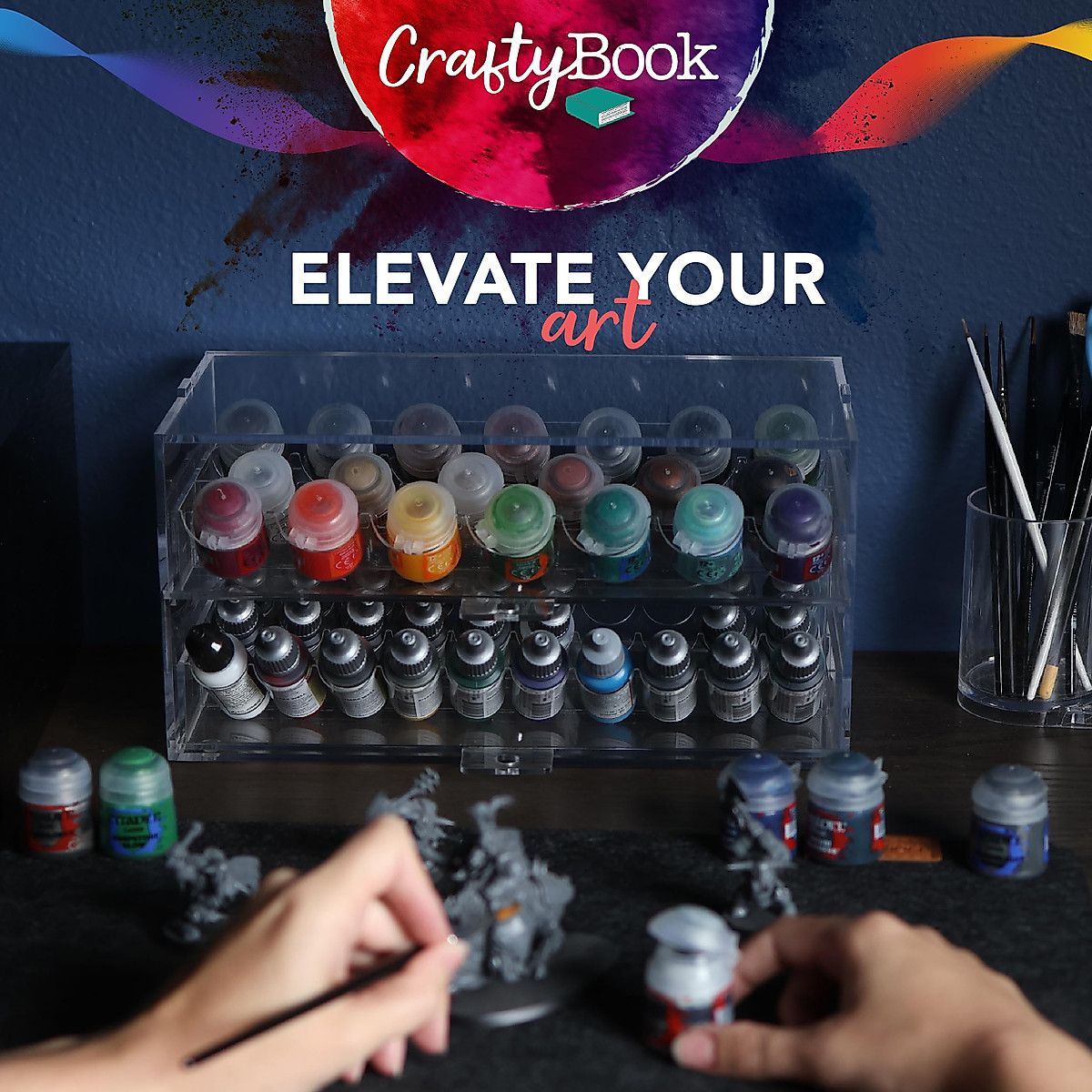 CraftyBook Acrylic Paint Storage Organizer - 50 Bottle Miniature, Hobby, Enamel, Model Paint Holder - 2 Drawer Clear Acrylic Craft Storage - Desktop Art Organization Container for Craft Room Studio