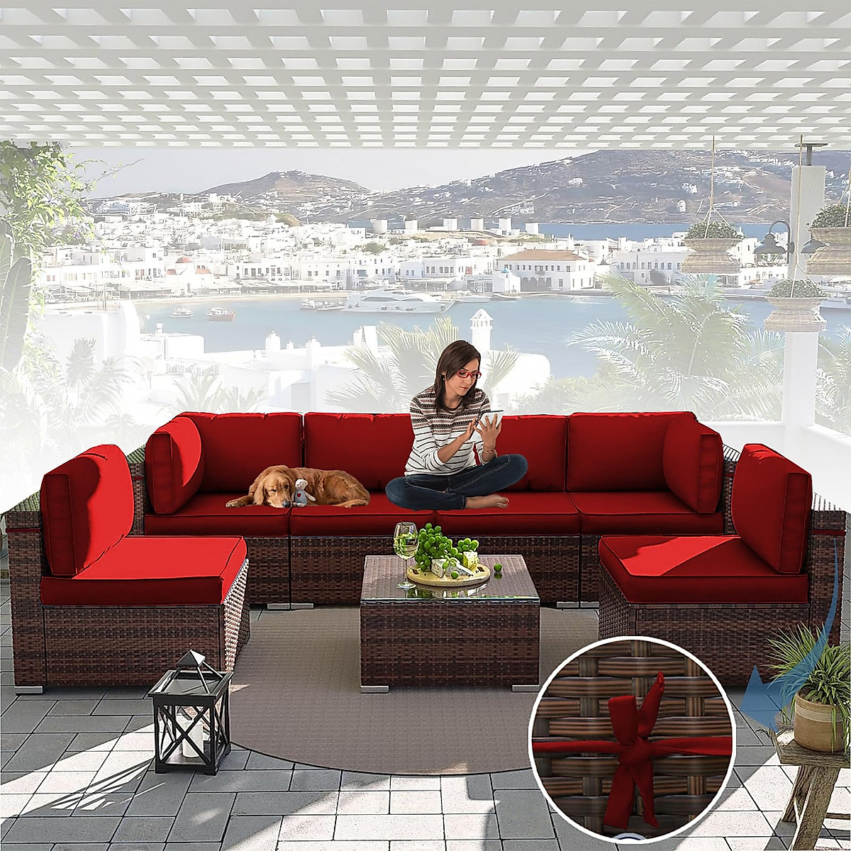 VKETU Patio Cushion Covers Replacement, Outdoor Sectional Couch Waterproof Cushion Cover, Square Patio Slipcovers with Zipper for Sectional Rattan Garden Furniture (Red, 12 pc)