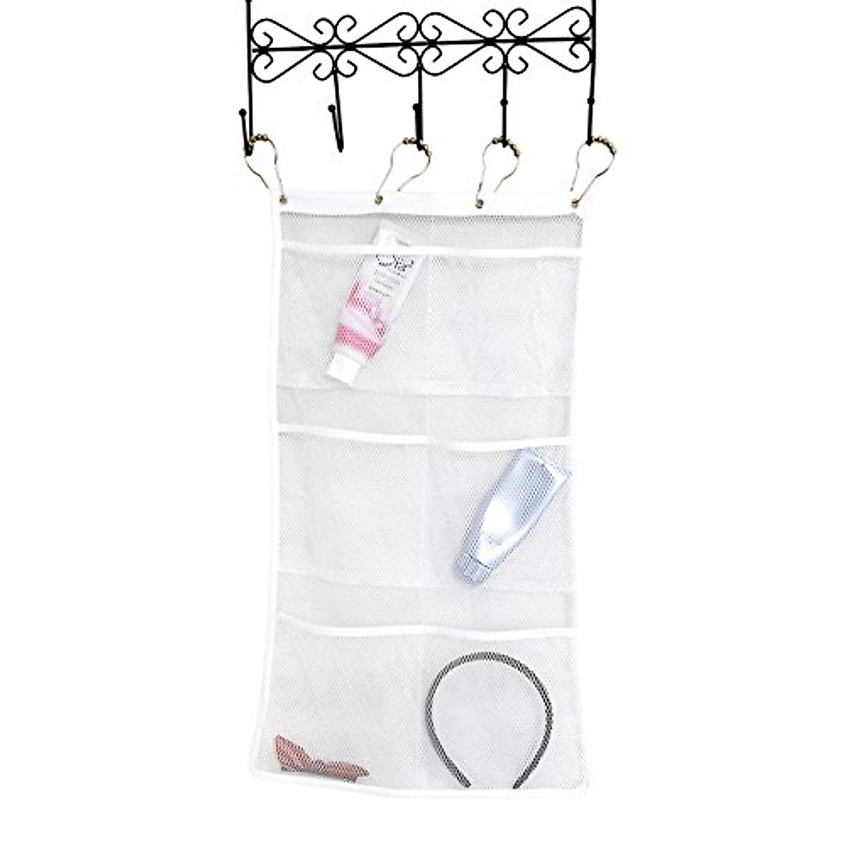 Mayin Quick Dry Hanging Caddy and Bath Organizer with 6-Pocket, Hang on Shower Curtain, Shower Organizer, Mesh Shower Caddy, Bathroom Accessories, Save Space in Small Bathroom Tub with 4 Rings