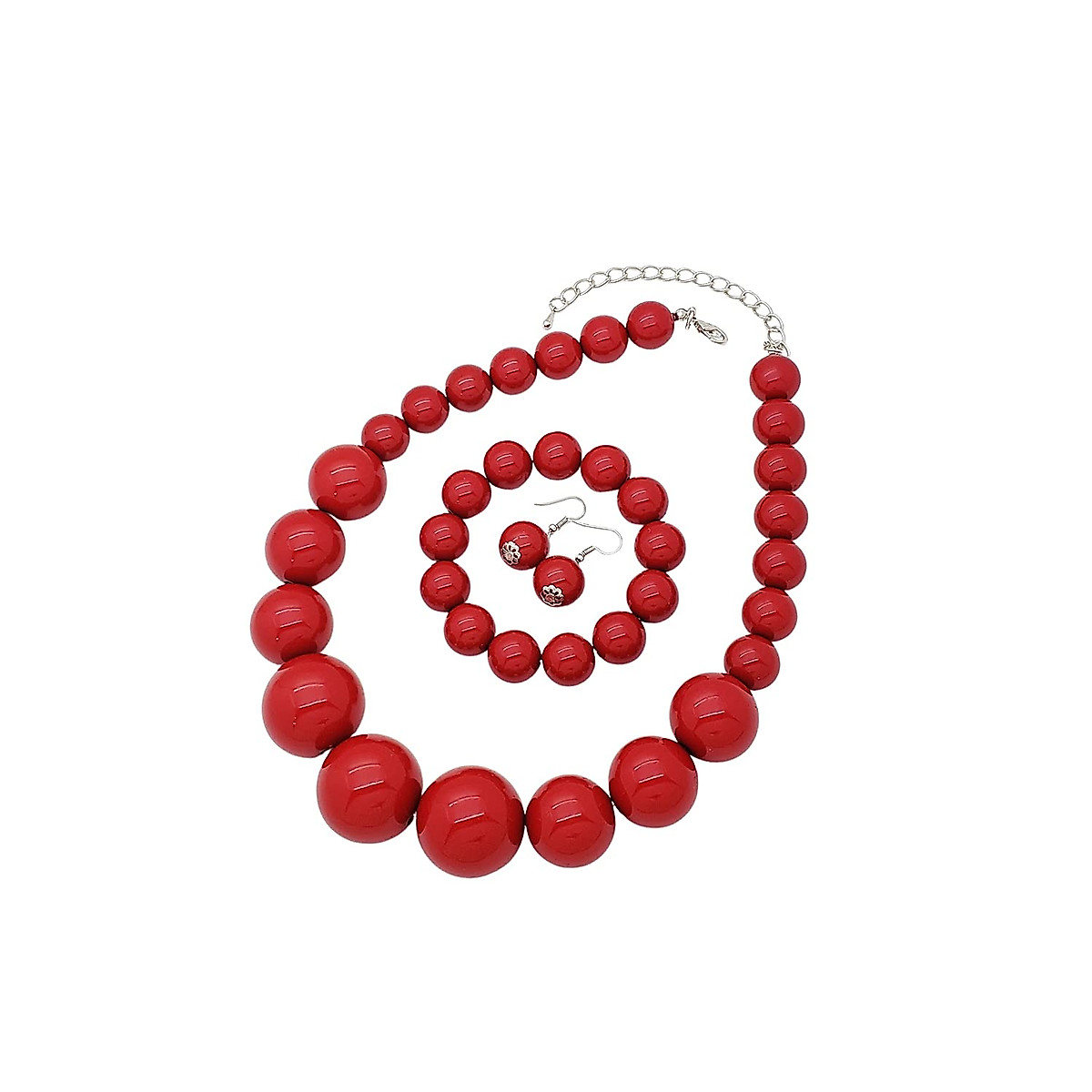BA UNIQUE FASHION Women's Chunky Large Simulated Pearl Statement Necklace, Bracelet, Earring Set (Barn Red)