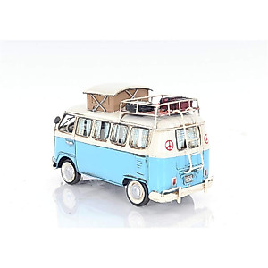 Old Modern Handicrafts Camp Bus Model with Rolling Wheels - 100% Handmade from Iron & Hand-Painted with Classic Blue & White Colors - 11.5L x 5.5W x 6H Inches