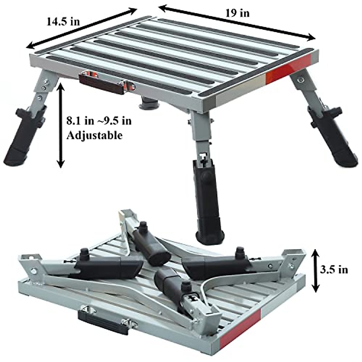 Homeon Wheels 19" x 14.5" Large RV Step Stool, 1,500lbs Adjustable Height Aluminum Folding Platform Step Sheath Non-Slip Rubber Feet, Reflective Stripe, Handle, RV T Level RV Steps