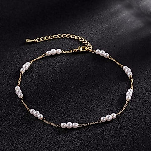 BERISO Gold Ankle Bracelets for Women 14K Gold Plated Summer Beach Cute Pearls Ankle Bracelets for Women Minimalist Anklet for Women Gold Jewelry Gift
