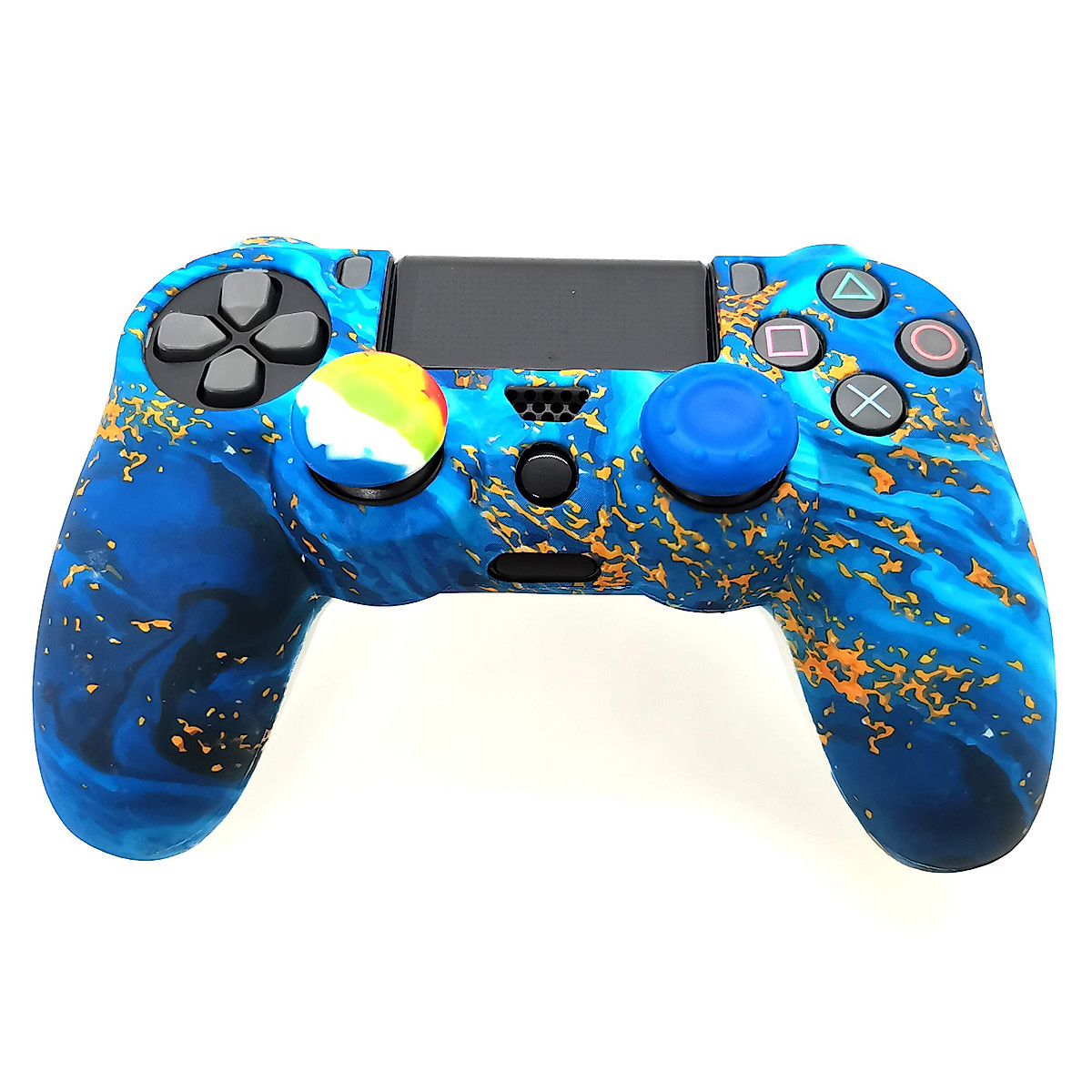 Silicone Skin Cover for Ps4 Controller (1pc Anti-Slip Case, 1 Pair L2 R2 Trigger Extender, 4pcs Thumb Grips,4pcs LED Light Bar Decal) Protector for DualShock PS4/ Slim/Pro Controller (sky blue&yellow)