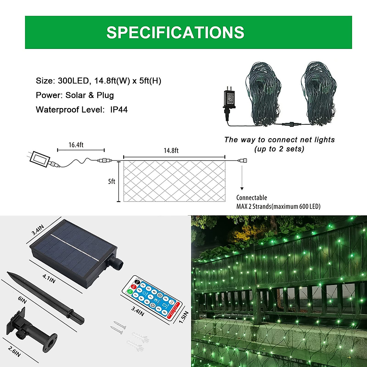 OYCBUZO 300 LED Green Net Lights Outdoor Decor, 14.8ft x 5ft Green Mesh Lights String Lights, 8 Modes Fairy Lights Waterproof for Bushes Yard Garden Wedding Holiday Party