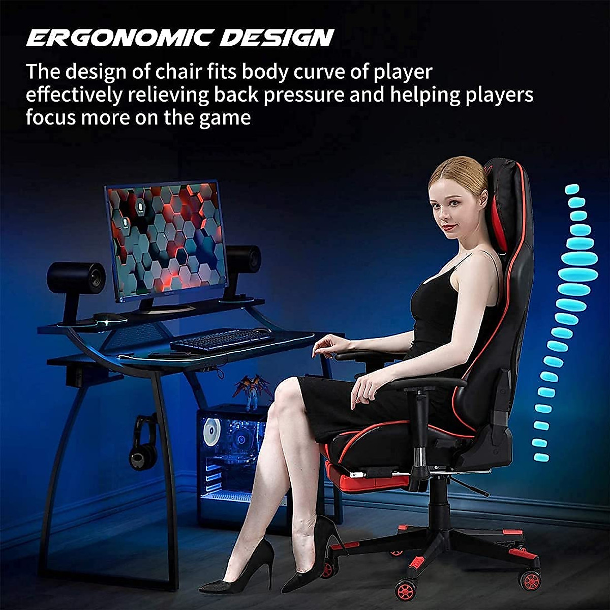X-VOLSPORT Massage Gaming Chair with Footrest Reclining High Back Ergonomic Office Chair with Lumbar Support and Headrest Computer Chair Red Desk Chair