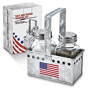 COCOBOSS Salt and Pepper Shakers Set with Metal Caddy, Patriotic Salt & Pepper Shakers, Vintage Salt and Pepper Caddy Set with 2 x Glass Shakers & 1 x Holder Metal Caddy - Flag Decoration