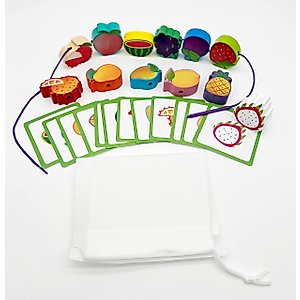 JAQI Montessori Educational Wooden Threading Stringing Toys Dinosaurs Traffic Space Insects Animals Fruits Lacing Beads Preschool Learning Toys for Toddler for Boys Girls (Fruits)