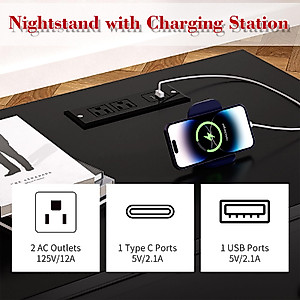 COWMOU Large Black Nightstand with Charging Station, 3 Drawers Nightstand 29.8" X 27.6", Farmhouse Bedside Table Nightstand with 3 Drawer for Bedroom, Hallway, Entryway