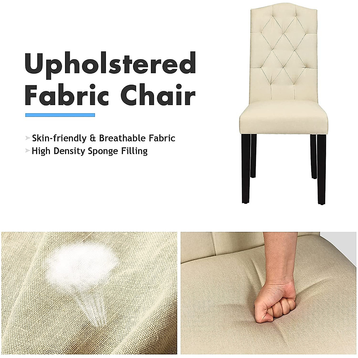 ERGOMASTER Dining Chairs Set of 4 Adjustable Parsons Chairs Anti-Slip Foot Dining-Chair Fabric Kitchen Chair with Solid Wood Legs - Beige