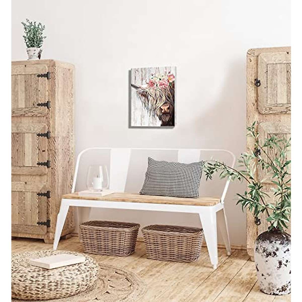 Cute Highland Cow Country Farmhouse Canvas Printing Rustic Bedroom Decor Retro Cow With Garland Wall Art Funny Home Artwork Print Used in Bathroom Office Kitchen Dining Room Decoration Size 12x16 inch