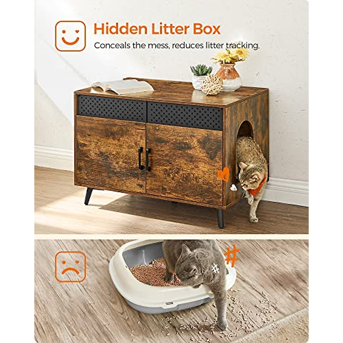 FEANDREA Litter Box Enclosure, Cat Litter Box Furniture Hidden, with Removable Divider, High Legs, Cat House for Indoor Cats, Side End Table, 31.5 x 19.7 x 21.7 Inches, Rustic Brown UPCL006X01