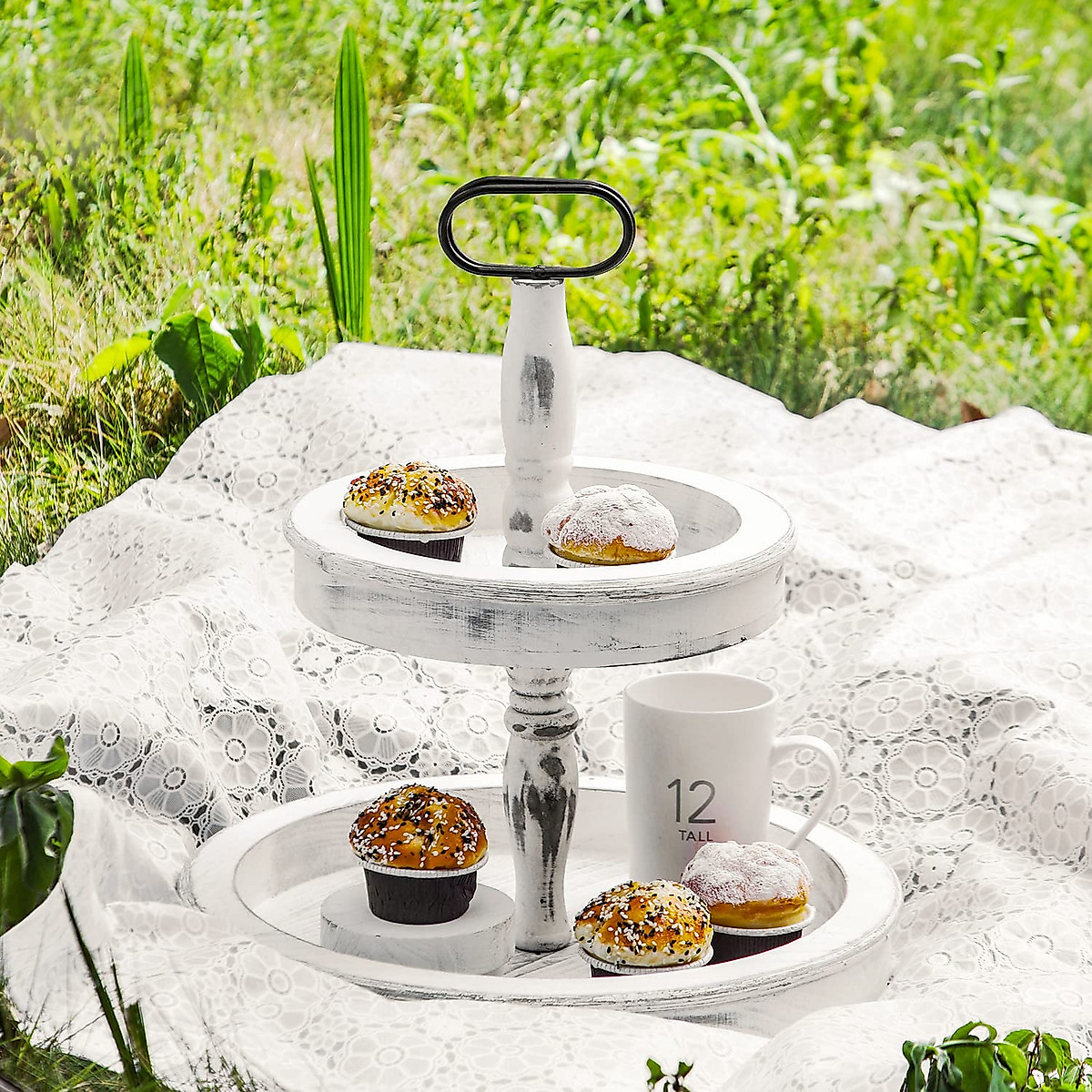 Ziluce Mini Wood Riser for Tiered Tray Decor, 2-Pack Small Wooden Risers for Display, 4-Inch Round Pedestal Stand, Distressed Farmhouse Risers for Home Decor - White