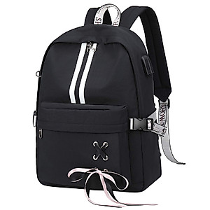 Mairle 17.3 inch Casual Laptop Backpack Anti Theft Schoolbag Daypack Ribbon Decorate School Bag with USB Charging Port for Teen Girls Women, Black
