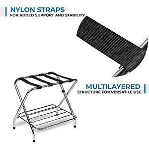 USTECH 2 Tier X-Shape Folding Luggage Rack | Heavy Duty Metal Stand with Nylon Straps and Rubber Feet for Added Stability | Suitcase Bag Holder for Guest Room, Bedroom, and Kitchen
