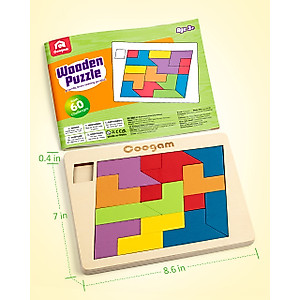 Coogam Wooden Puzzle Blocks Geometric Tangram Brain Teasers Jigsaw 3D Logic IQ Game Colorful Shape Pattern Montessori STEM Educational Toys Gift 60 Challenges for All Age