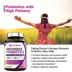 Doctor's Recipes Women’s Probiotic, 60 Caps 50 Billion CFU 16 Strains, with Organic Prebiotics Cranberry, Digestive Immune Vaginal & Urinary Health, Shelf Stable, Delayed Release, No Soy Gluten Dairy
