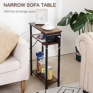 AMHANCIBLE Narrow Side Table with Charging Station, Small End Tables for Small Spaces, 3 Tier Slim Night Stand Set 2, Skinny Sofa Beside Table with Storage Shelf, Rustic Brown, HETN03BR