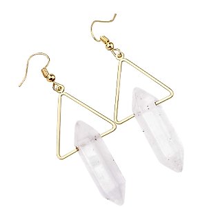 Nupuyai Rock Quartz Stone Dangle Drop Earrings for Women, Hexagonal Double Points Healing Crystal Quartz Gold Plated Triangle Earrings with Hook