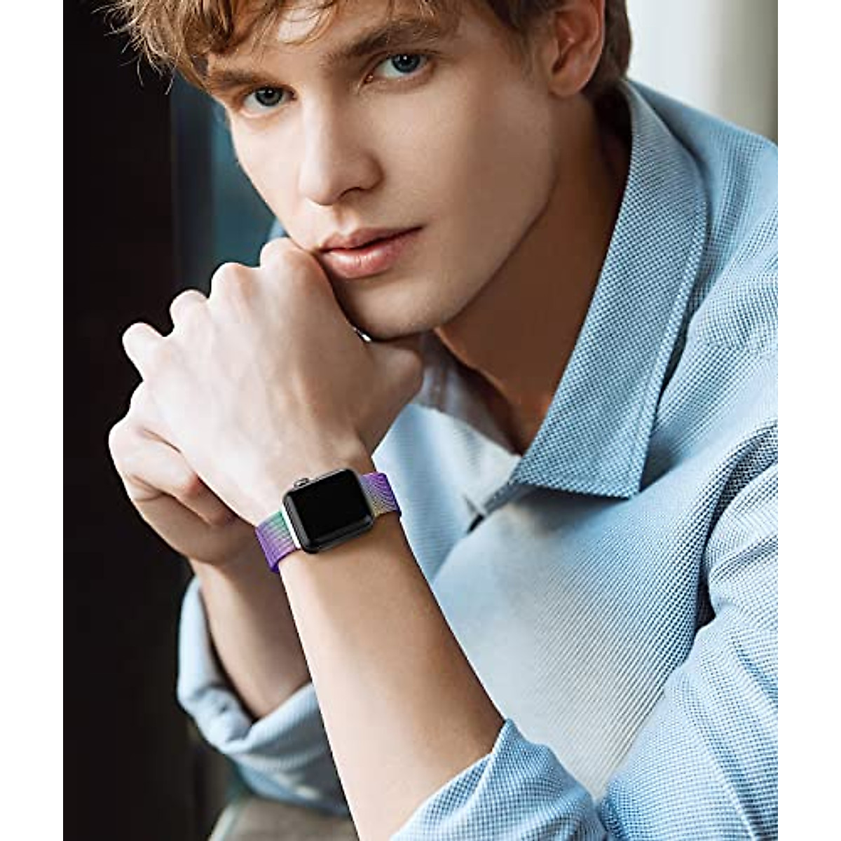 Rabini Metal Magnetic Band Compatible with Apple Watch 38mm 40mm 41mm 42mm 44mm 45mm 49mm, Rainbow Stainless Steel Mesh Loop Bands for iWatch SE Ultra Series 8 7 6 5 4 3 2 1 Women Men, Multicolor