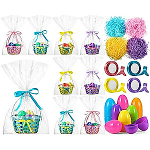 Easter Woven Bamboo Basket with Handles Sets Include Easter Round Basket, Grass Shred, Plastic Fillable Easter Eggs, Colorful Satin Ribbon, Clear Plastic Bag for Easter Party Supplies (8 Pack)