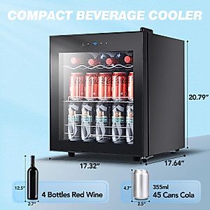 STAIGIS Beverage Refrigerator, 1.6 Cu.ft Mini Fridge w/ 45 Can Capacity, Small Beverage Cooler for Home - Freestanding, Glass Door