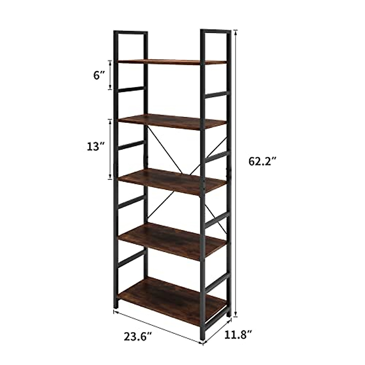 BENOSS 5 Tier Bookshelf Rustic Wood & Metal Frame Bookcase Shelf Industrial Storage Organizer Modern Display Shelf Rack Open Back Standing Shelving Unit for Bedroom Living Room Home Office