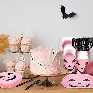 JarThenaAMCS 144Pcs Halloween Pumpkin Tableware Set Pink Cute Pumpkin Disposable Party Supplies Paper Plates Cups Napkins and Cutlery for 24 Guests Birthday Baby Shower