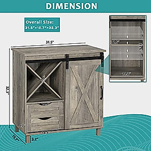 VINGLI Farmhouse Barn Door Wine Liquor Cabinet Home Coffee Bar Furniture w/Removable X-Shaped Wine Rack, Rustic Mini Buffet Sideboard Accent Storage Cabinet with 2 Drawers (Wash Grey)