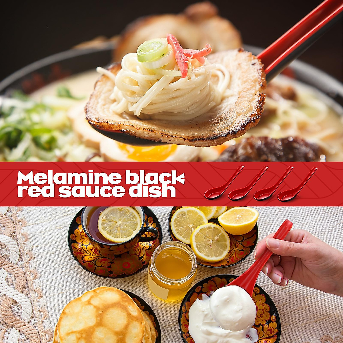 Hushee 100 Pcs Asian Chinese Soup Spoons 6.3 Inches Japanese Korean Soup Spoons Miso Soup Spoons Red and Black Spoons Bulk with Hook for Melamine Soba Wonton Rice Pho Ramen Noodle Soups Dumpling