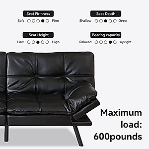 Opoiar Futon Sofa Bed Couch with Frame and Mattress,Black Faxu Memory Foam Leather Futon Split seat, Folding Modern Sleeper Sofa Love seat for Small Space/Drom/Office/Apartment