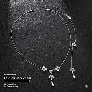Jeweky Wedding Crystal Necklace Pearl Back Chain Silver Drop Back Body Chain for Women