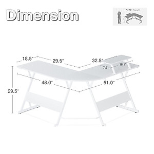 MOTPK White Gaming Desk with LED Lights, Carbon Fiber L Shaped Gaming Desk, Corner Gaming Desk L shape, Gamer Desk Gaming Table with Monitor Stand & Cup Holder & Headphone Hook, 51 Inch, Gift Ideas