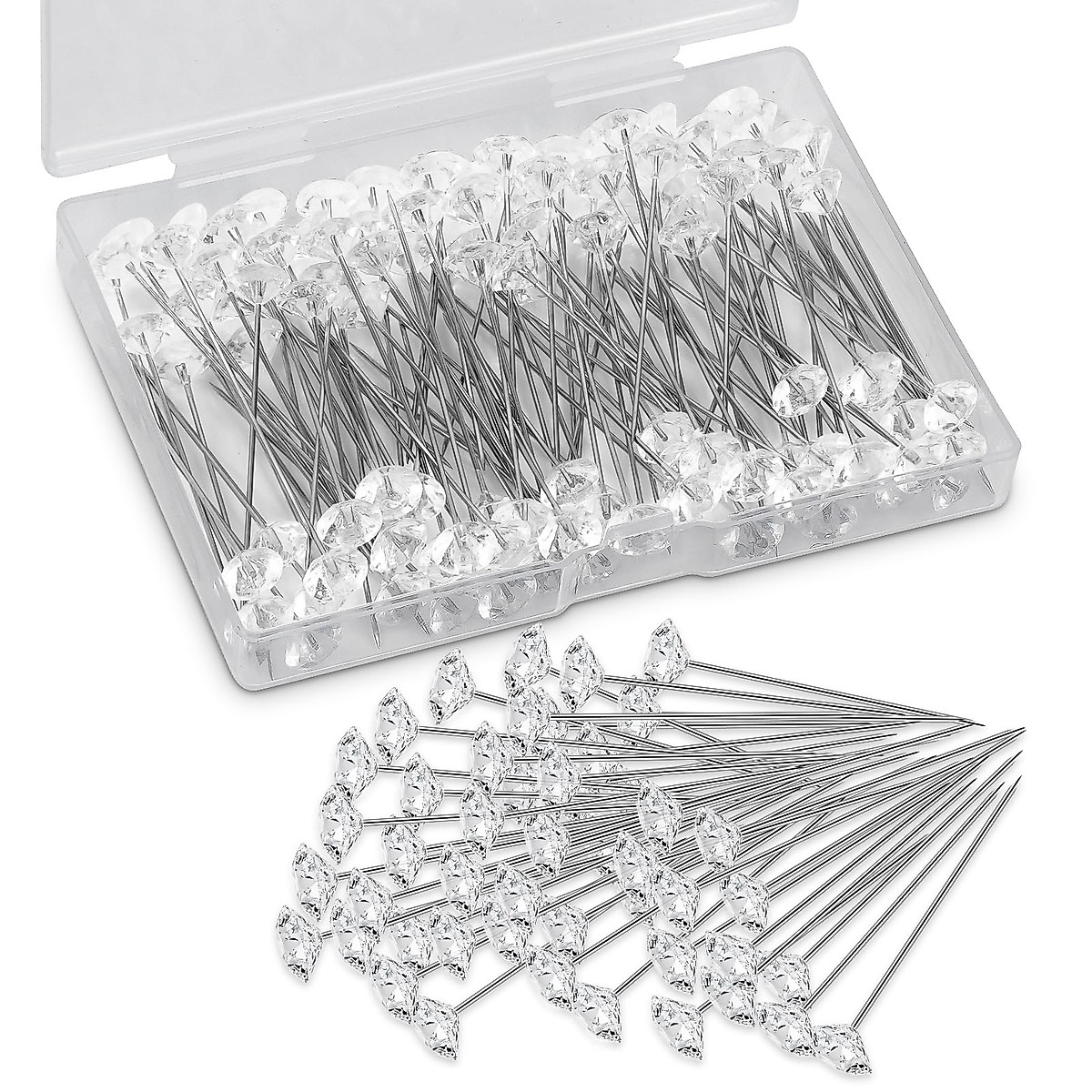 Frociviny 100pcs Bouquet Pins, 2.1 Inches Corsage Pins, Diamond Rhinestones Crystal Head Pins，Elegant Boutonniere Pin, Straight Floral Pins, Clear Flower Pins for Wedding Anniversaries DIY Craft