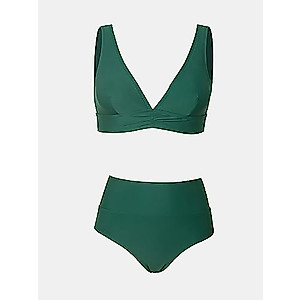 CUPSHE Bikini Set for Women Two Piece Swimsuit High Waisted V Neck Ruched Front Wide Straps L, Green