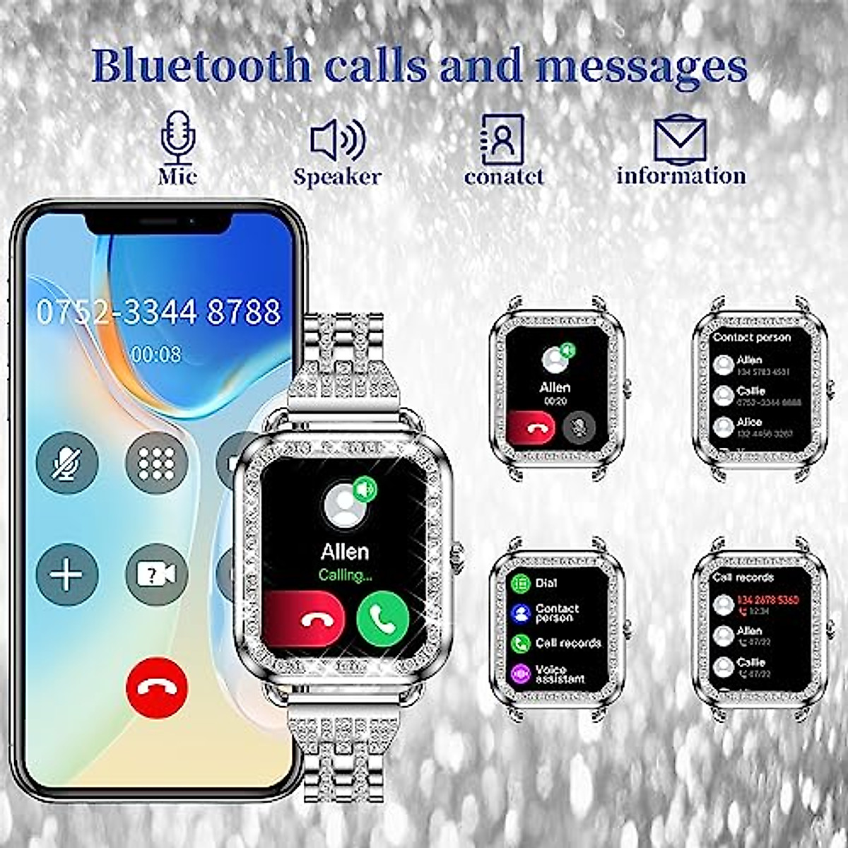 Smart Watch for Women Diamonds(Answer/Make Call),1.29''HD Touch Screen Smart Watch Android,Fitness Tracker with Heart Rate/Blood Oxygen/Sleep Monitor,Waterproof Smartwatch 3 Strap (Diamond Silver)