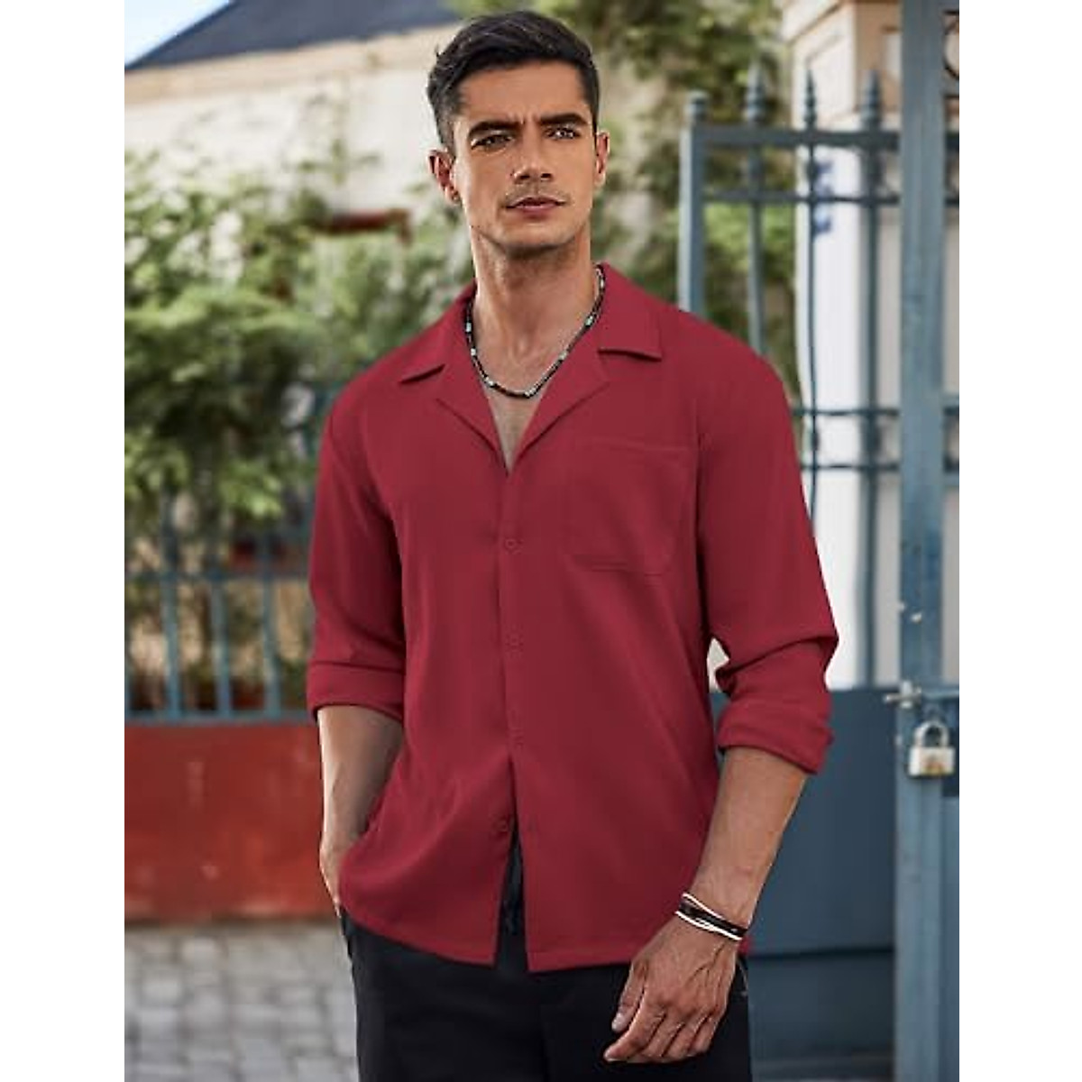 COOFANDY Casual Dress Shirts Men Untucked Button Down Shirts Beach Shirts Christmas Shirt Wine Red Large