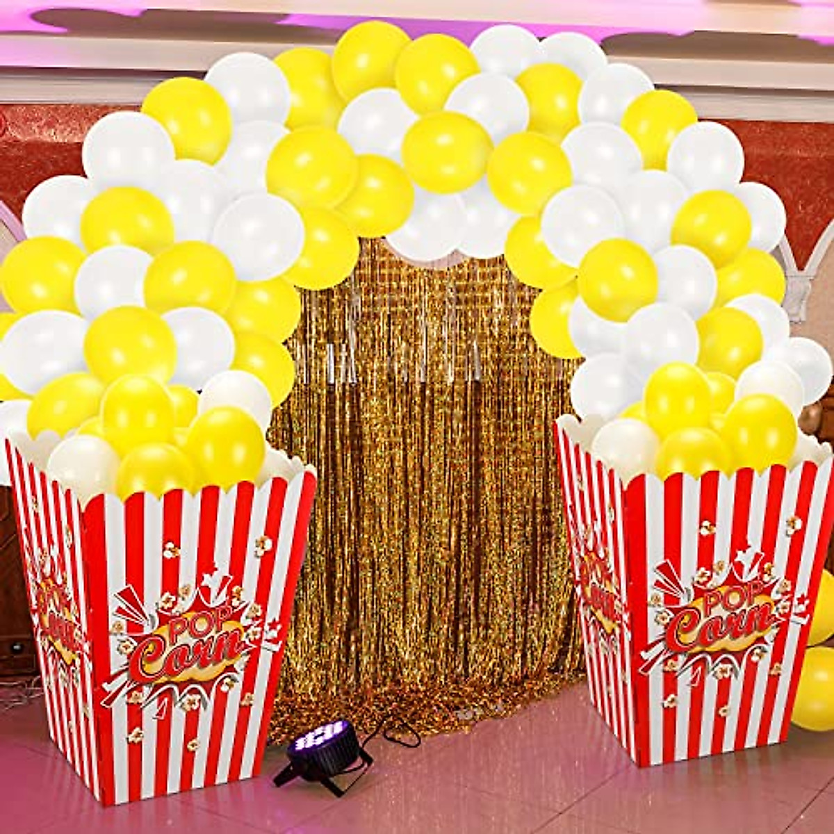 2 Pieces Giant Popcorn Box Cardboard Stand up with 100 Balloons Movie Popcorn 3D Popcorn Box Cardboard Stand up and Yellow White Popcorn Theme Balloons Carnival Decorations for Movie Themed Party