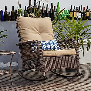 VONZOY Outdoor Rocking Chair, Wicker Patio Furniture with Thickened Cushions for Porch (Khaki)