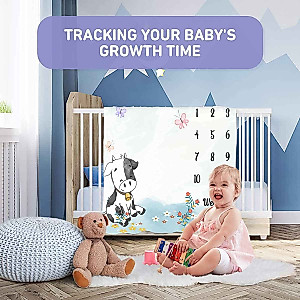 PHMOJEN Cow Baby Monthly Milestone Blanket, Farm Animals Butterflies Grass Flowers, Newborns 1 to 12 Months Unisex Include 4 Frames and 1 Headband 47"x47"BTLSPH503