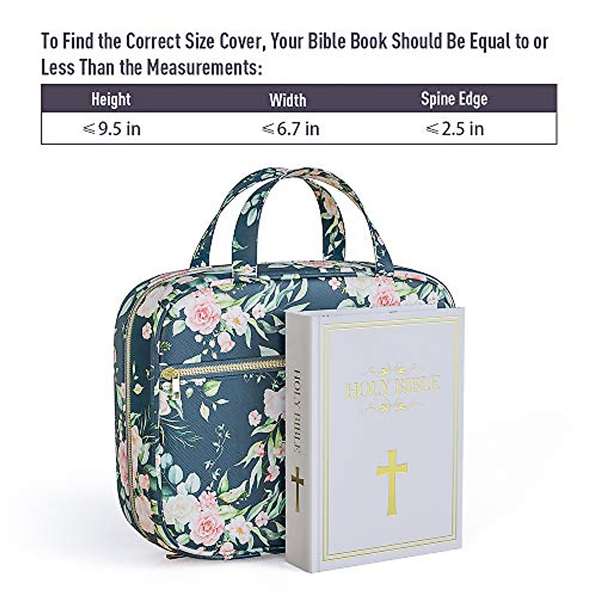 Bible Cover Bag/Book Cover Case Floral Synthetic Leather Pattern with Bible Tabs Bookmarks and Handle Fits for Standard Size Study Bible 10.2×2.5×7.5”, Gift for Mom Ladies Women Daughter (Black Rose)