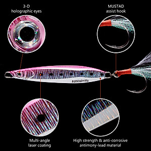 BASSDASH STIX Casting Jig Lure Vertical Slow Jigging Lures 1.4oz 2.1oz with Mustad Hooks 2/0 3/0 for Saltwater Freshwater Kayak Boat Shore Fishing, 3-Pack (3-Pack (CFR), 60 Grams (2.1 oz))