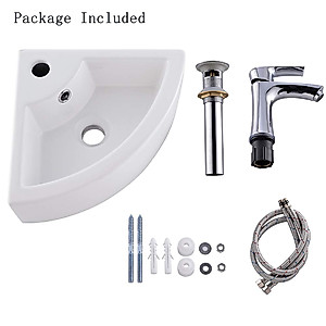 Wall Mount Small Corner Bathroom Sink and Faucet Combo with Overflow Triangle White Porcelain Ceramic Wall Hung Mini Vanity Space Bathroom sink, Faucet and Drain Combo