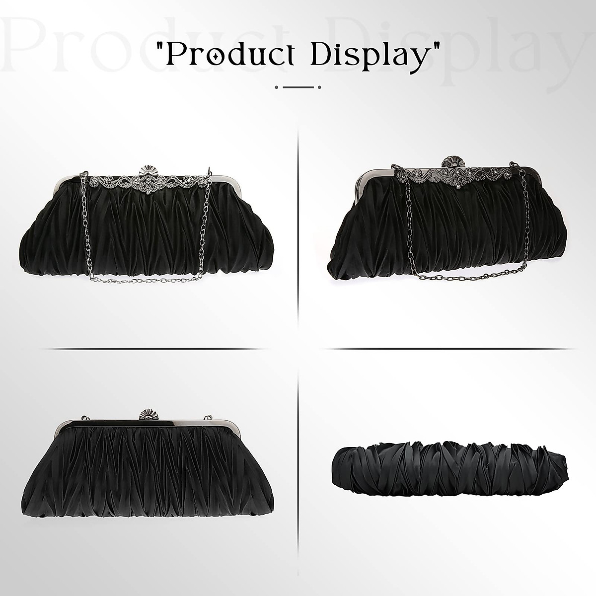 JAMBHALA Women Pleated Clutch Bag with Adjustable Chain Handbag Dumpling Pouch for Wedding, Bridal, Prom, Party (black)