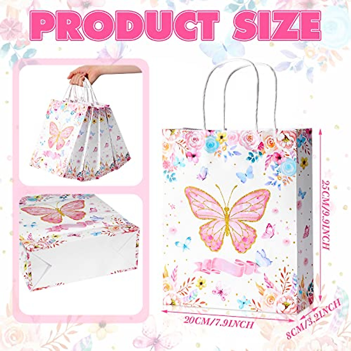 24 Pcs Butterfly Gift Bags Butterfly Treat Bags Bridal Goodie Bags Candy Bags Butterfly Flower Gift Wrap Bags with Handle Kraft Paper Bags Butterfly Party Favors for Wedding Birthday Party Baby Shower