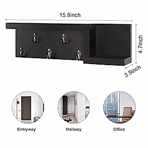 Decorative Key Holder for Wall with Shelf, Entryway Shelf with Hooks Holds Leashes, Jackets and Glasses – Sturdy Wood Keyholder Entrance Hanger with Mounting Hardware (15.6” x 4.7” x 3.5”) (Black)