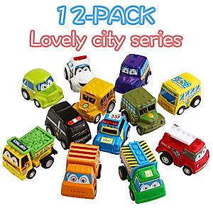 Funcorn Toys Pull Back Car, 12 Pack Assorted Mini Plastic Vehicle Set, Pull Back Truck and Car Toys for Boys Kids Toddler Party Favors,Die Cast Car Toy Play Set