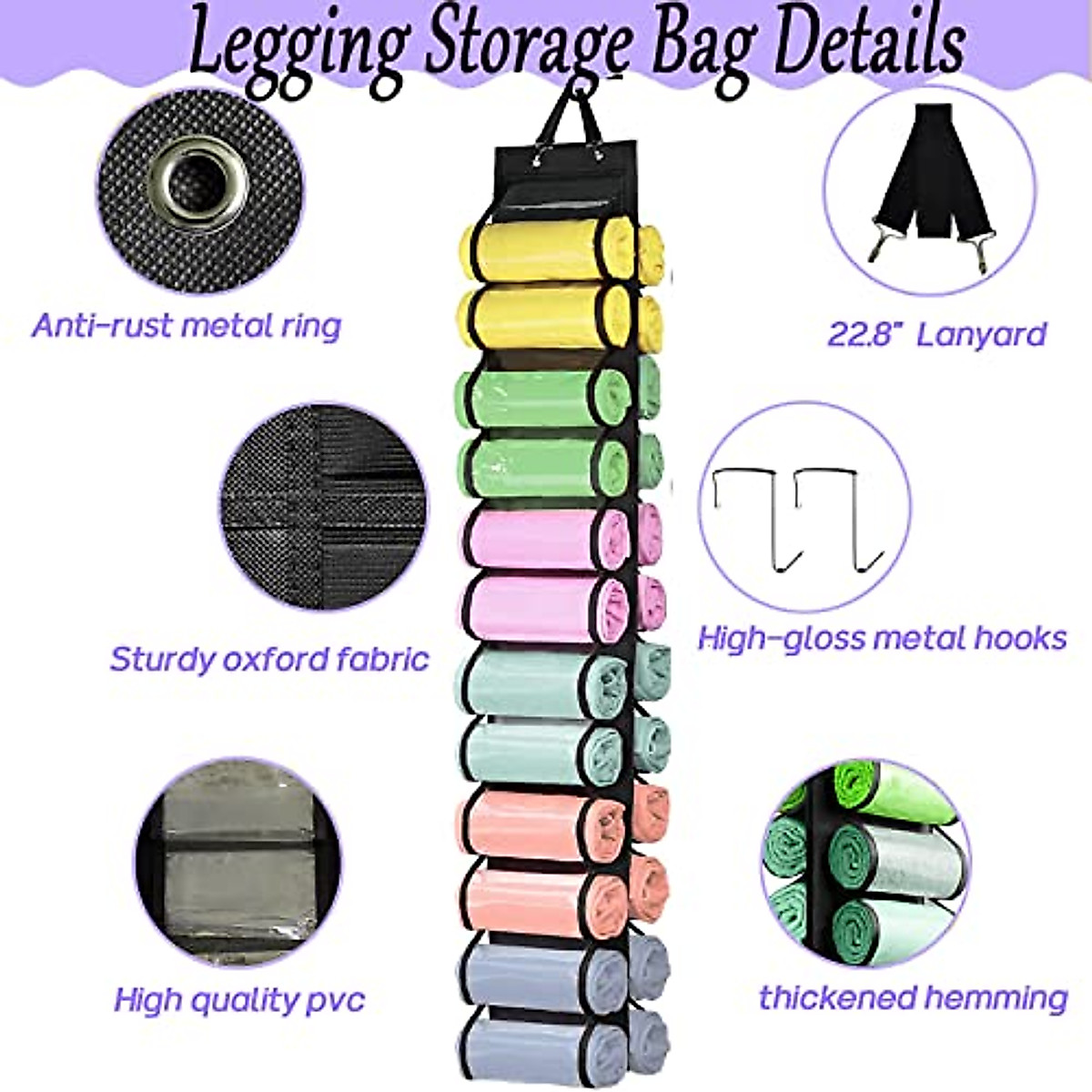 Legging Organizer Storage, T-Shirt Organizer, Foldable Hanging Closet Organizer, Hanging Clothes Organizer with 24 Roll Compartments for Yoga Clothes, Pants, Tank Top, Towel, Underwear, Shirt (Black)