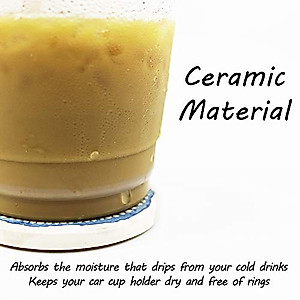AD Car Coasters Set of 6 Drink- Absorbing Round Ceramic Stone Coaster with a Finger Notch for Easy Removal Cork Base for Auto Cupholder Accessories Keep Vehicle Clean